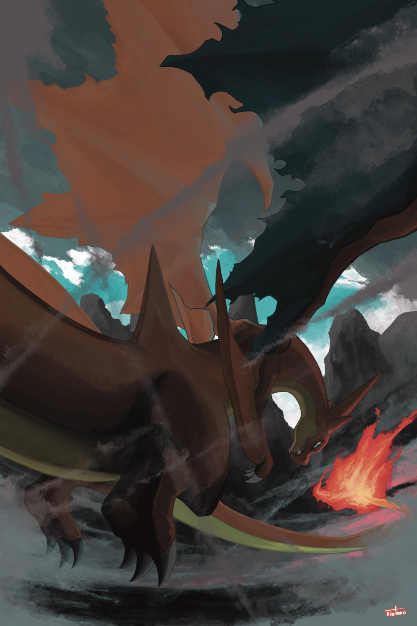 Safebooru - absurdres artist name blue eyes charizard claws clouds fangs fire flying highres ...