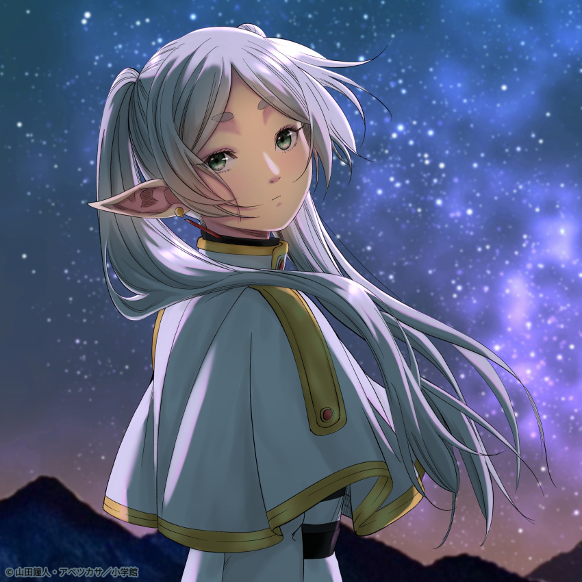 Safebooru - 1girl capelet earrings elf expressionless frieren from side green eyes head tilt ...