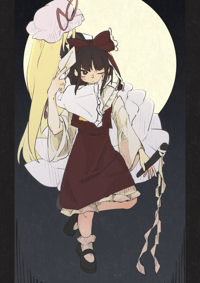 Safebooru - 2girls black eyes blonde hair bow brown hair detached sleeves dress from6fu gohei ...