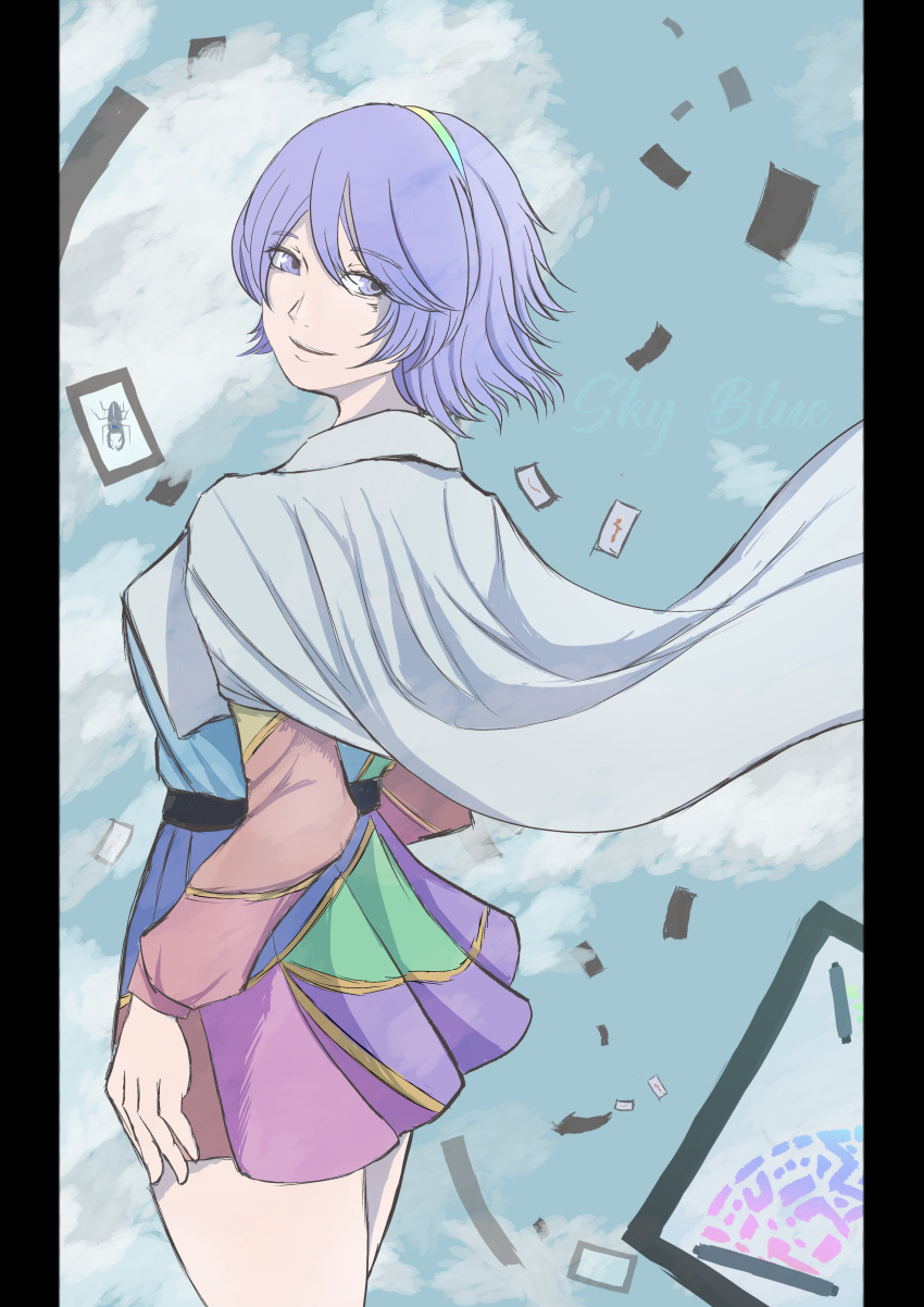 Safebooru - 1girl absurdres belt black belt blue sky cape card clouds cloudy sky dress from ...