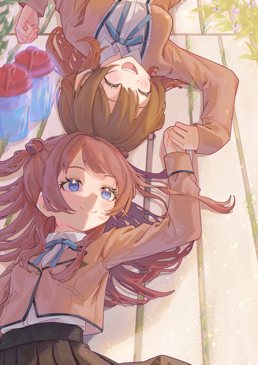 Safebooru - 2girls ^ ^ absurdres black skirt blue ribbon blush bottle brown cardigan brown hair ...