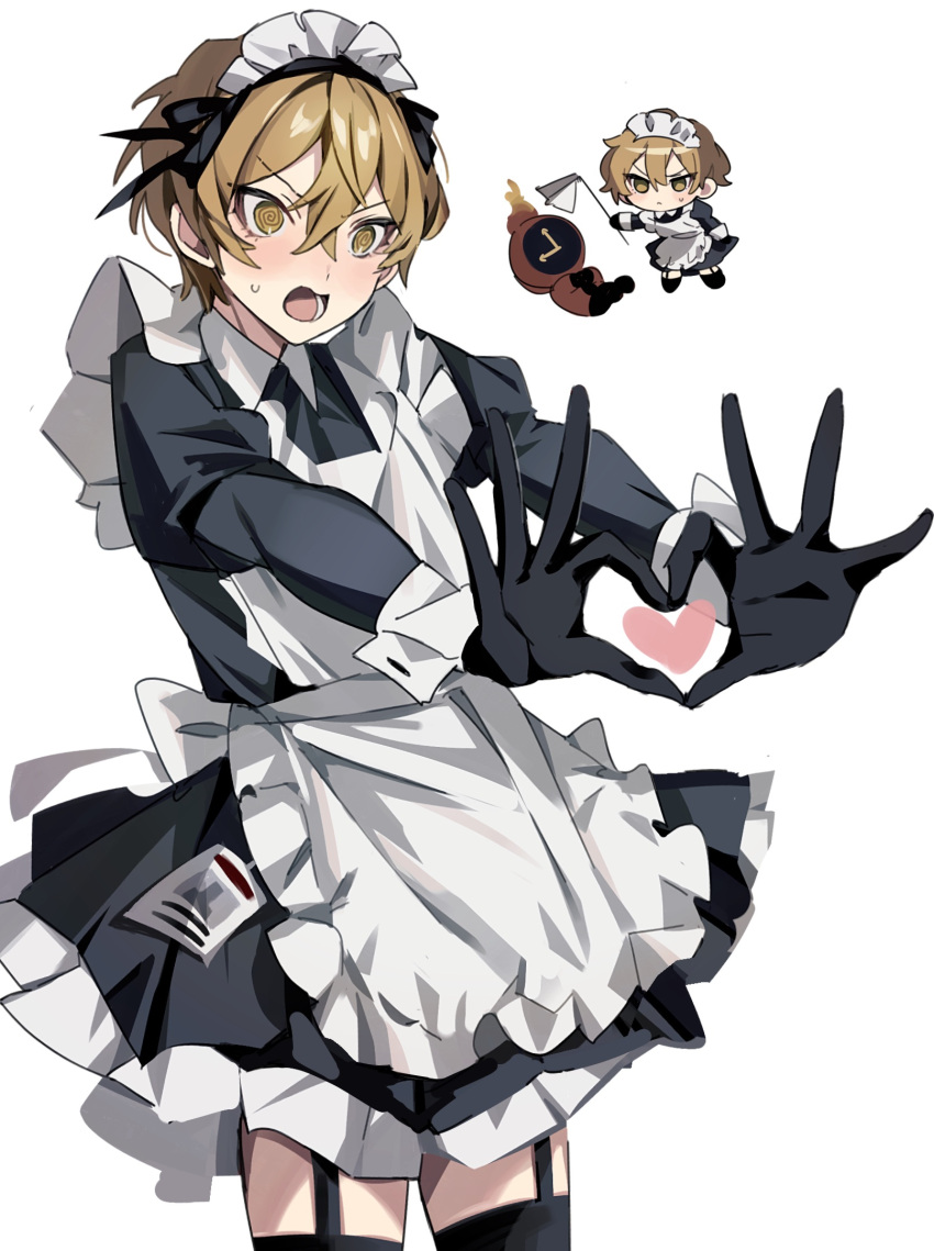 Safebooru - 1boy 1other alternate costume apron black gloves black ribbon blonde hair cowboy ...