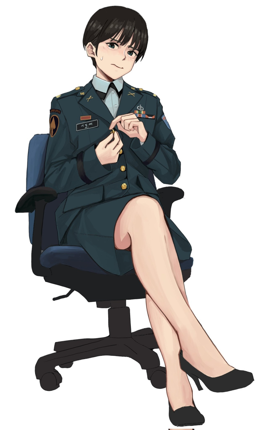 Safebooru - 1girl bare legs black footwear black hair chair copyright request green jacket green ...
