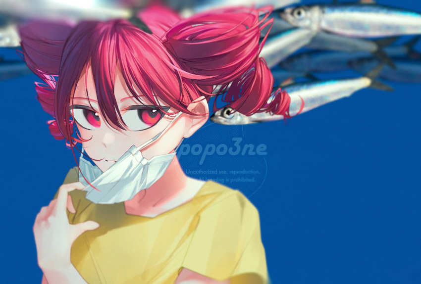 Safebooru - 1girl alternate costume blue background drill hair fish ...