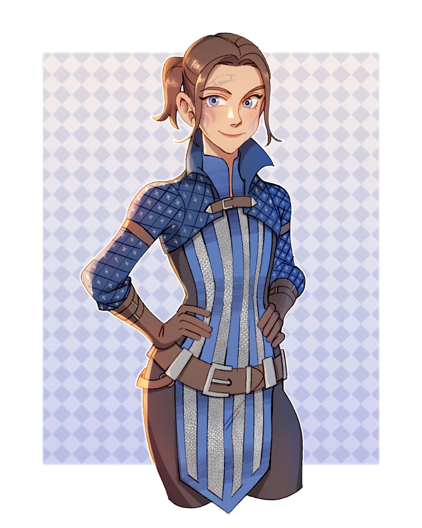 Safebooru - 1girl absurdres belt blue eyes blue shrug brown belt brown gloves brown hair ...