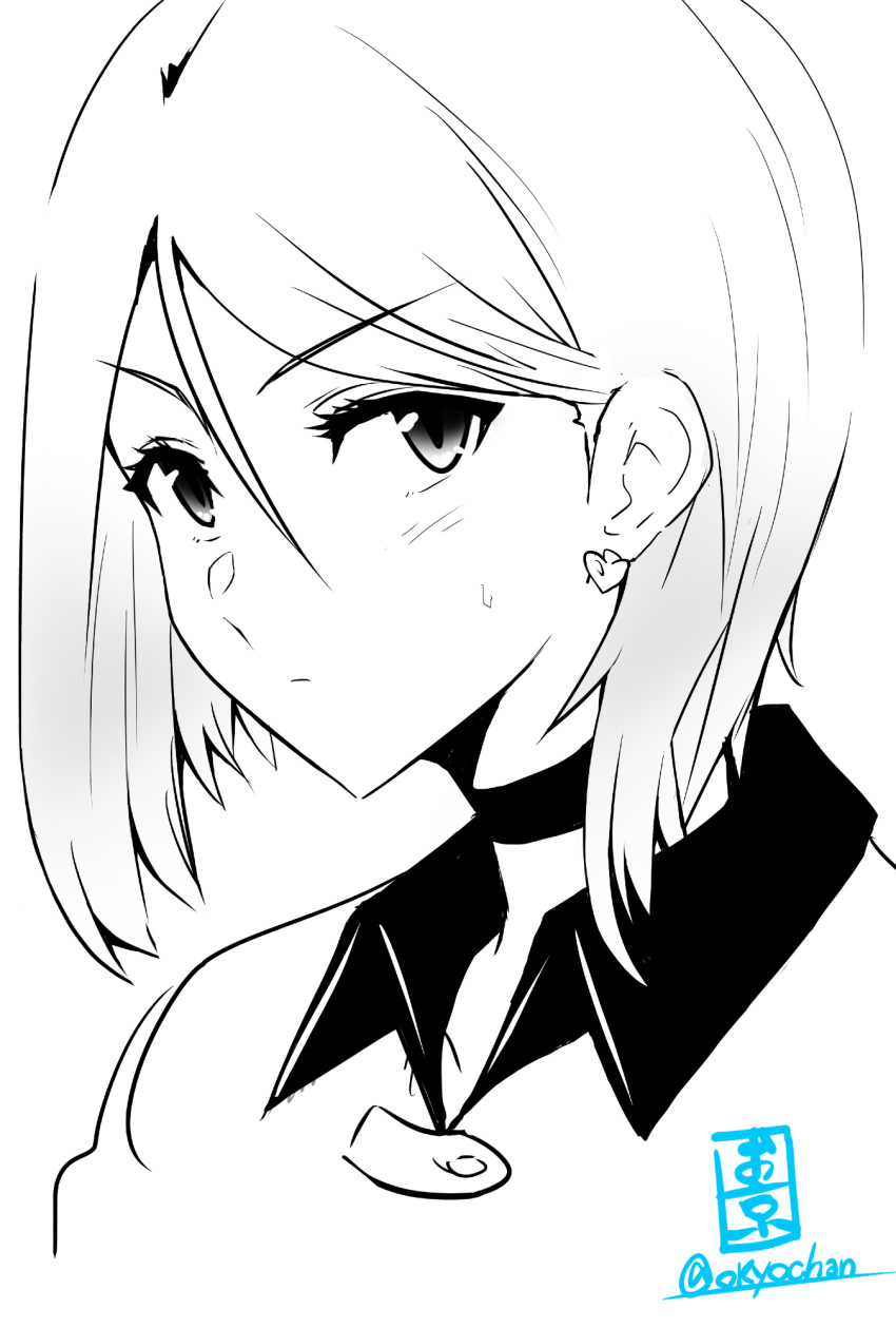 Safebooru - 1girl black choker choker earrings greyscale highres ...