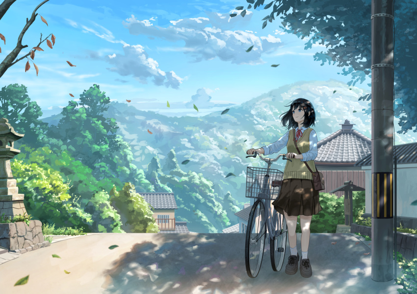 Safebooru - 1girl bag bicycle black hair black skirt blue eyes blue sky building closed mouth ...