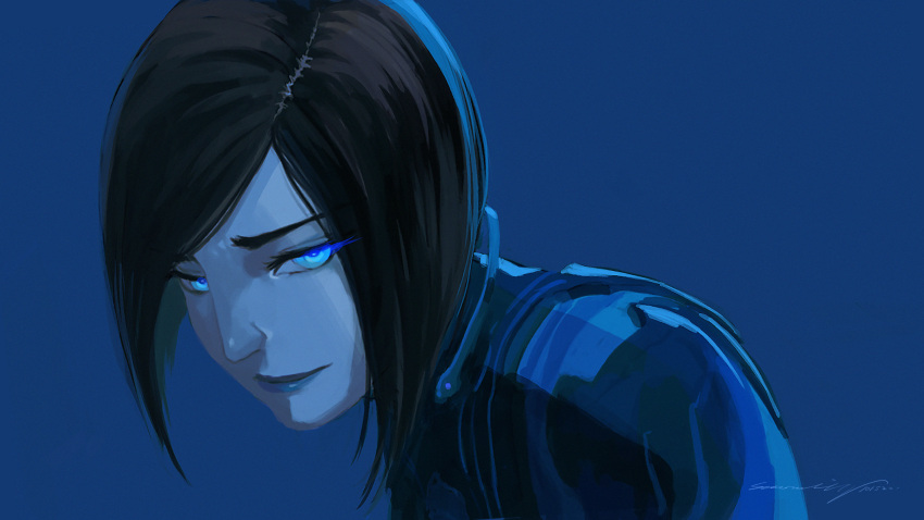Safebooru - 1girl black hair blue background blue eyes blue jacket blue ...