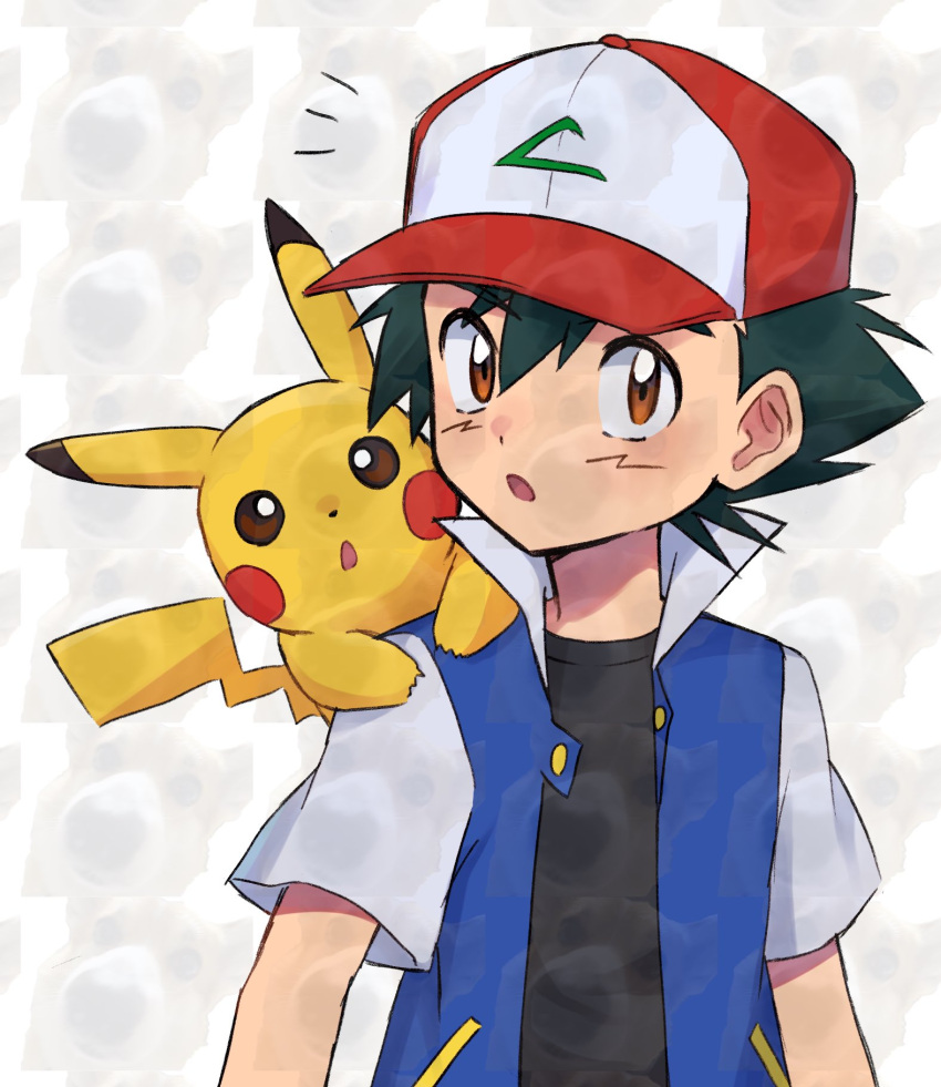 Safebooru - 1boy :o ash ketchum baseball cap black hair black shirt blue jacket brown eyes ...