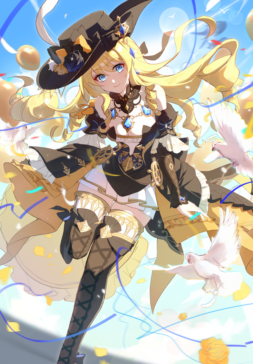 Safebooru - 1girl absurdres bird blonde hair blue eyes boots dove dress fingerless gloves flower ...