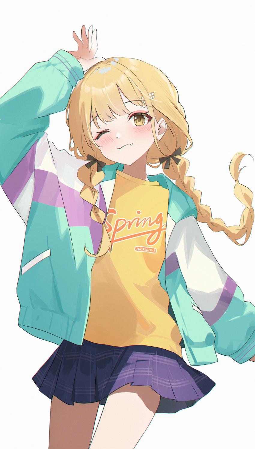 Safebooru - 1girl ;) absurdres arm up blonde hair blue skirt braid fang fujita kotone gakuen ...