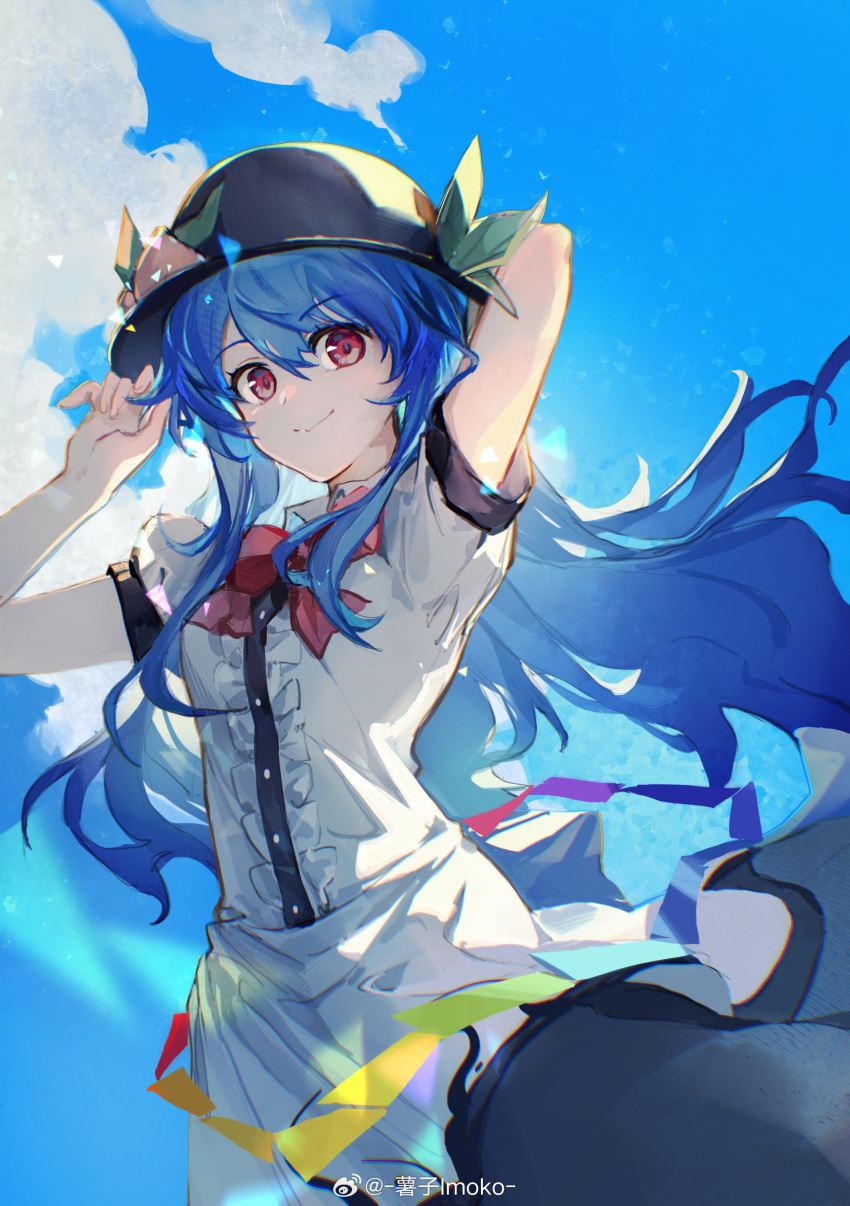 Safebooru - 1girl absurdres apron arm behind head bare arms black hat blue skirt blue sky bow ...
