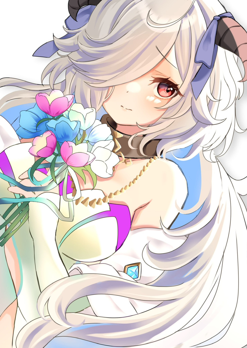 Safebooru - 1girl ahoge bare shoulders black choker black horns blue flower bouquet breasts ...