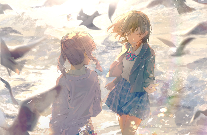 Safebooru - 1girl 1other absurdres akiyama mizuki bare legs bird black jacket blazer blue skirt ...