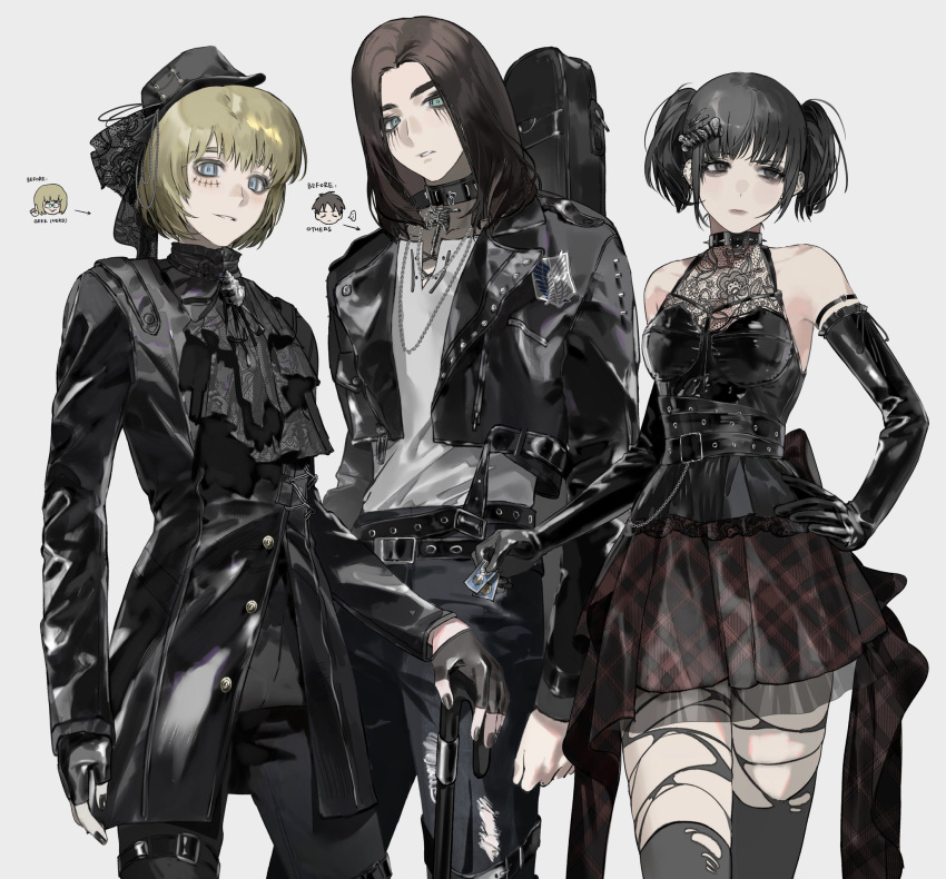 Safebooru - 1girl 2boys alternate costume armin arlert ascot bags under eyes bare shoulders belt ...