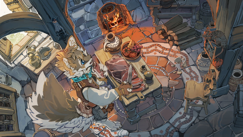 Safebooru - 1boy animal ears anvil barefoot blue eyes bowl brown fur ...