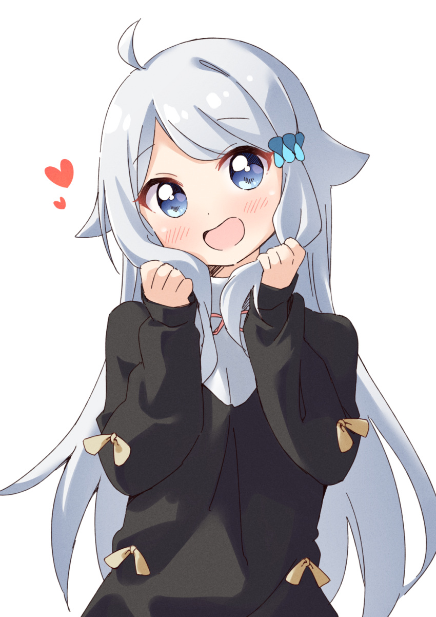 Safebooru - 1girl :d ahoge black shirt blue eyes blue scrunchie blush ...