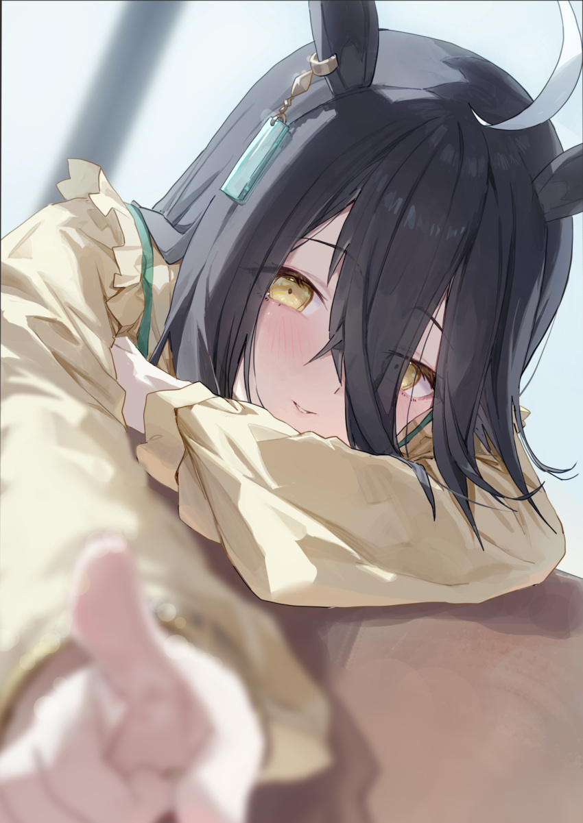 Safebooru - 1girl ahoge amano kokoko animal ears black hair blurry blurry foreground blush ...