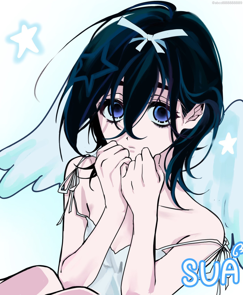 Safebooru - 1girl abcd888888889 alien stage angel wings bare shoulders black hair blue eyes ...