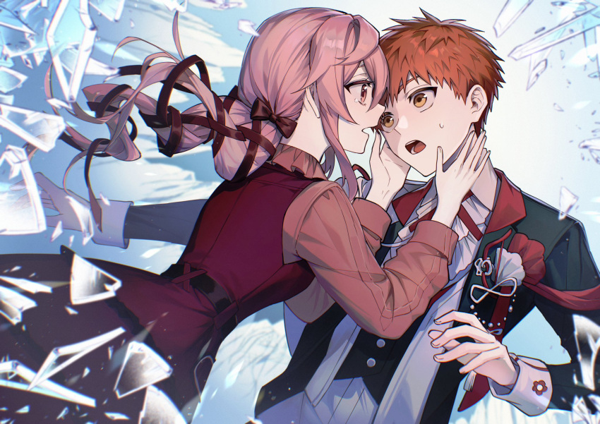 Safebooru - 1boy 1girl 2boys blush bow breasts broken glass emiya ...