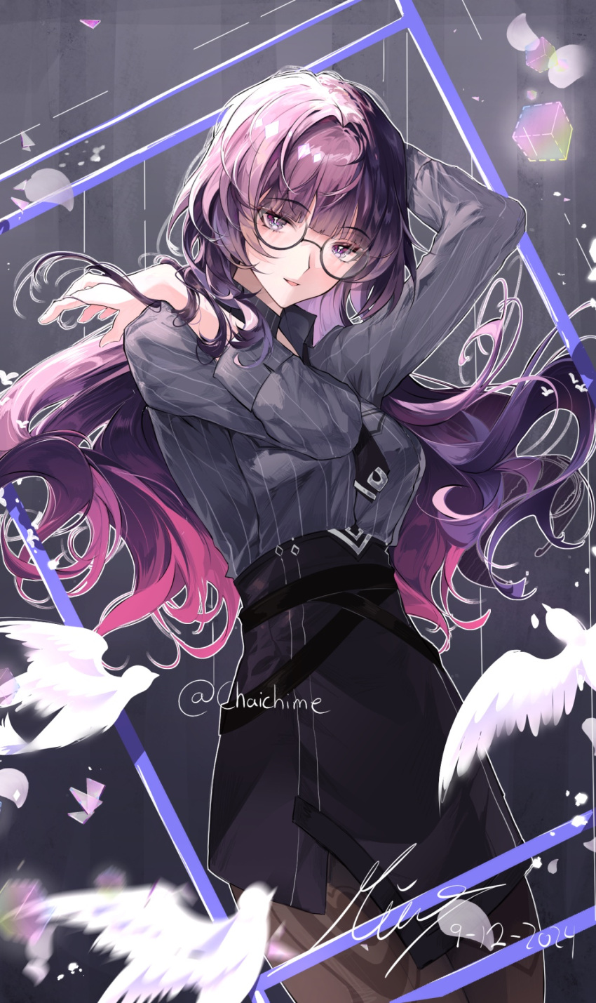 Safebooru - 1girl abstract background animal arms up artist name belt ...