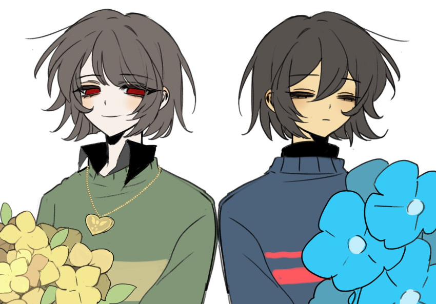 Safebooru - 2others back-to-back blue flower blue sweater bob cut brown ...