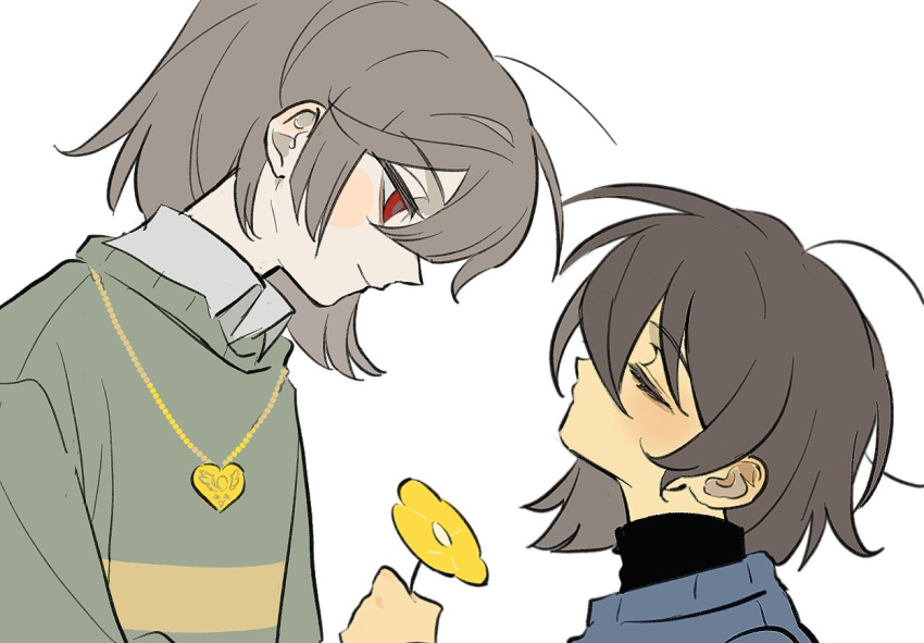 Safebooru - 2others ahoge blue sweater brown hair chara (undertale) closed mouth collared shirt ...