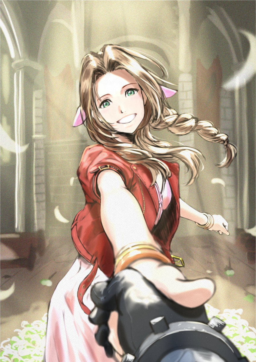 Safebooru - 1boy 1girl aerith gainsborough bangle black gloves bracelet braid braided ponytail ...