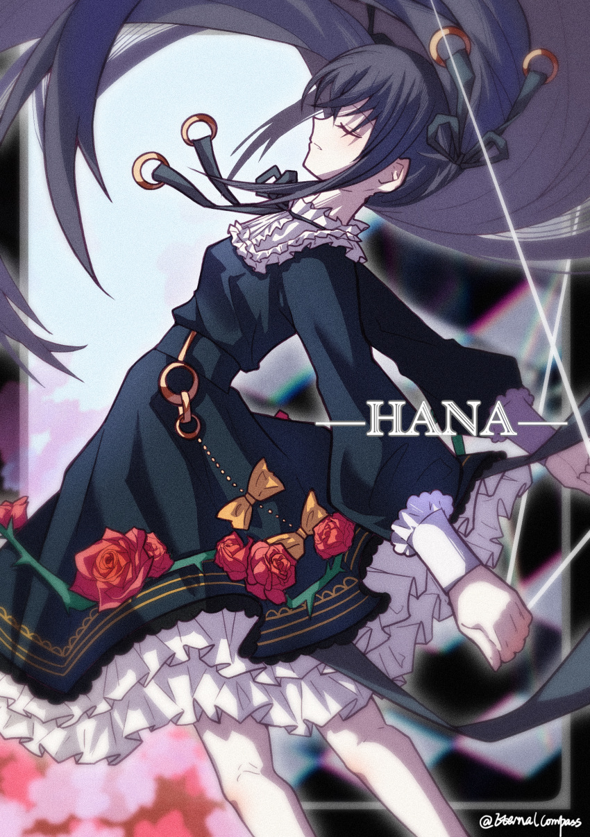 Safebooru - 1girl absurdres arcaea black dress black hair closed eyes clothes lift dress ...