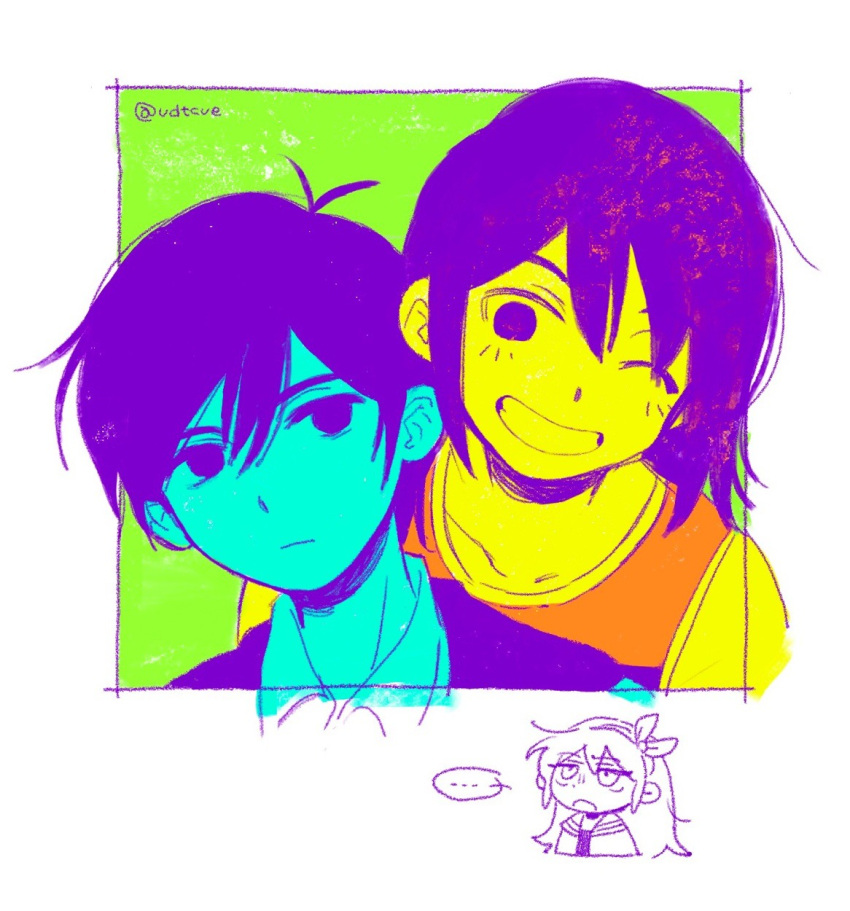 Safebooru - ... 1girl 2boys antenna hair aqua skin aubrey (faraway) (omori) aubrey (omori) bare ...