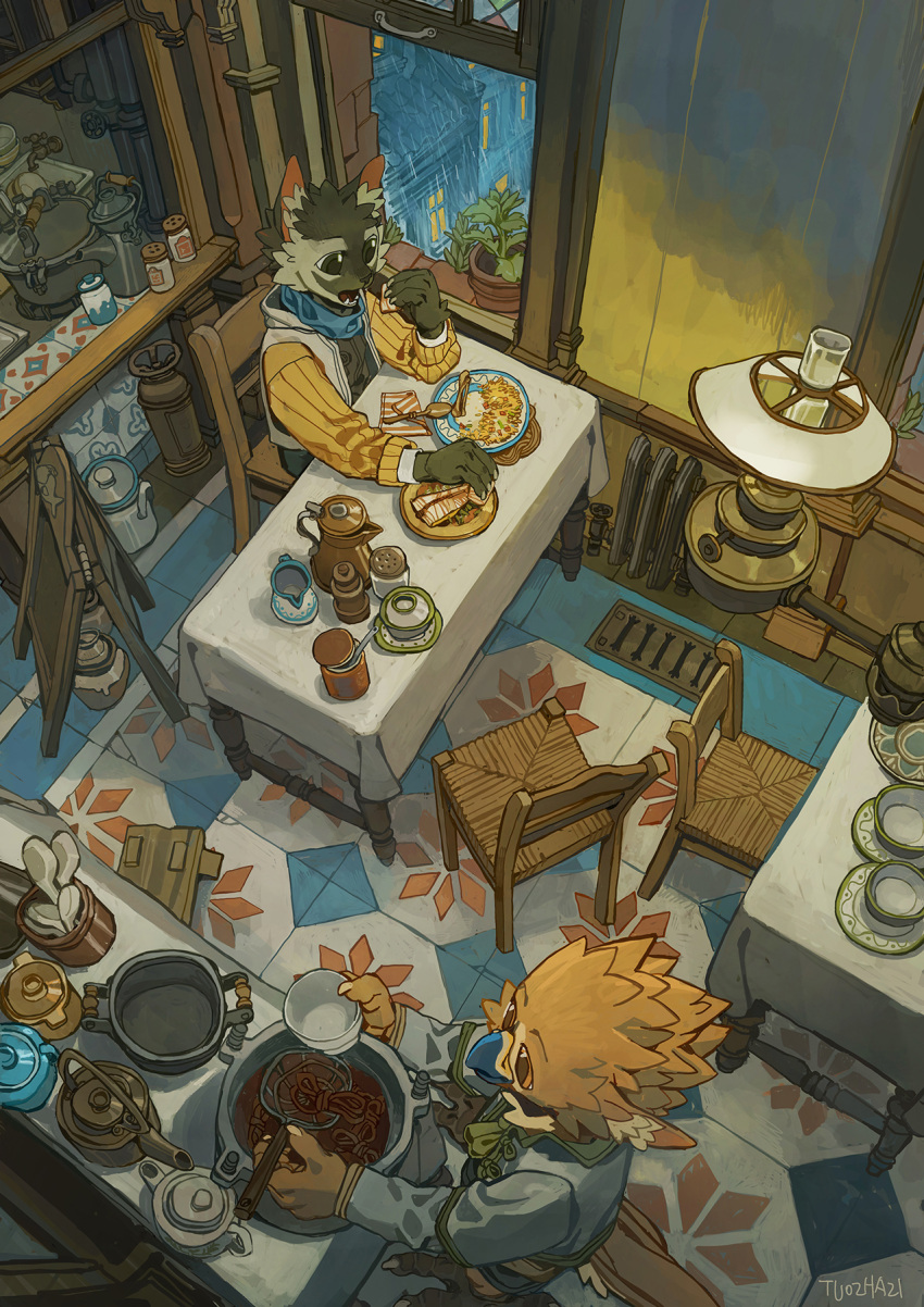 Safebooru - 2boys animal ears artist name beak bird boy bird tail chair ...