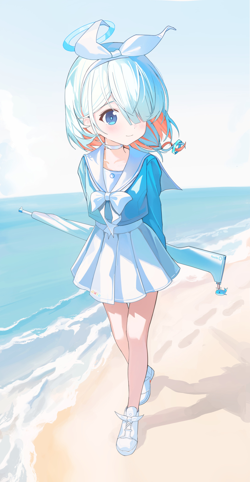 Safebooru - 1girl absurdres arona (blue archive) beach blue archive blue eyes blue sailor collar ...