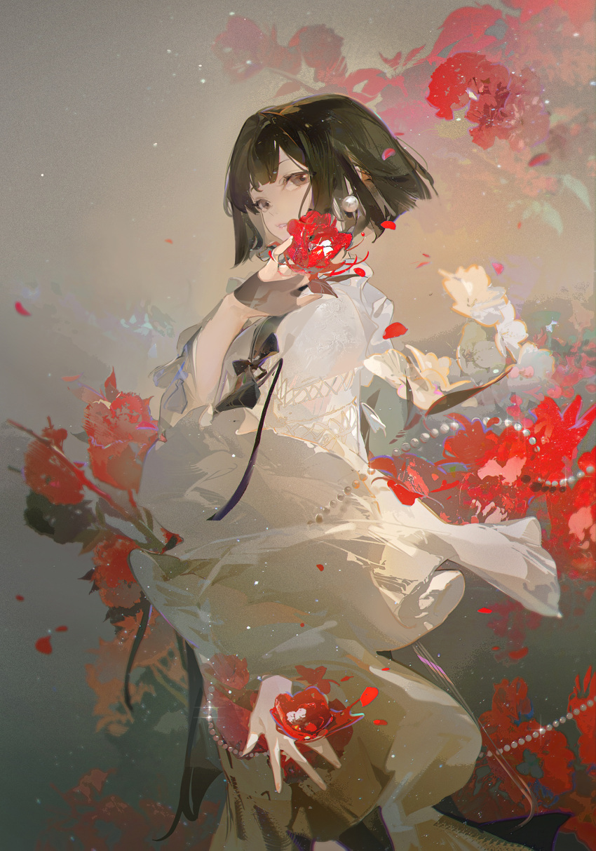 Safebooru - 1girl beads black gloves black hair blunt bangs blunt ends bob cut brown eyes ...