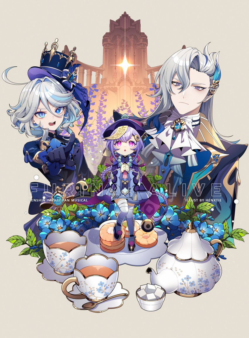 Safebooru - 1boy 2girls absurdres ahoge artist name black footwear black gloves black hat blue ...