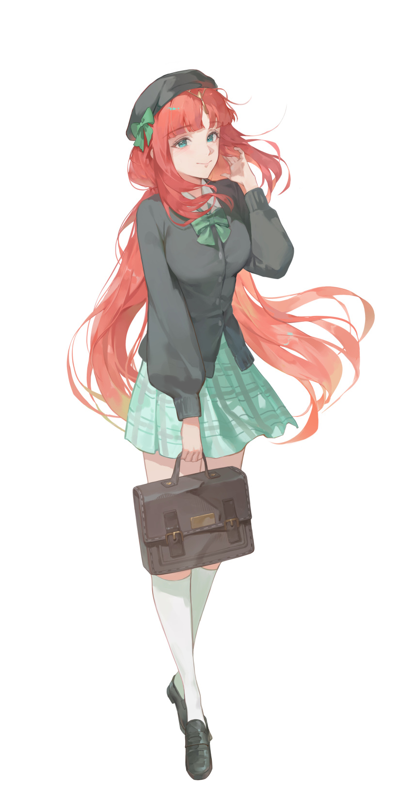 Safebooru - 1girl absurdres alternate costume aqua eyes bag beret black footwear black hat bow ...