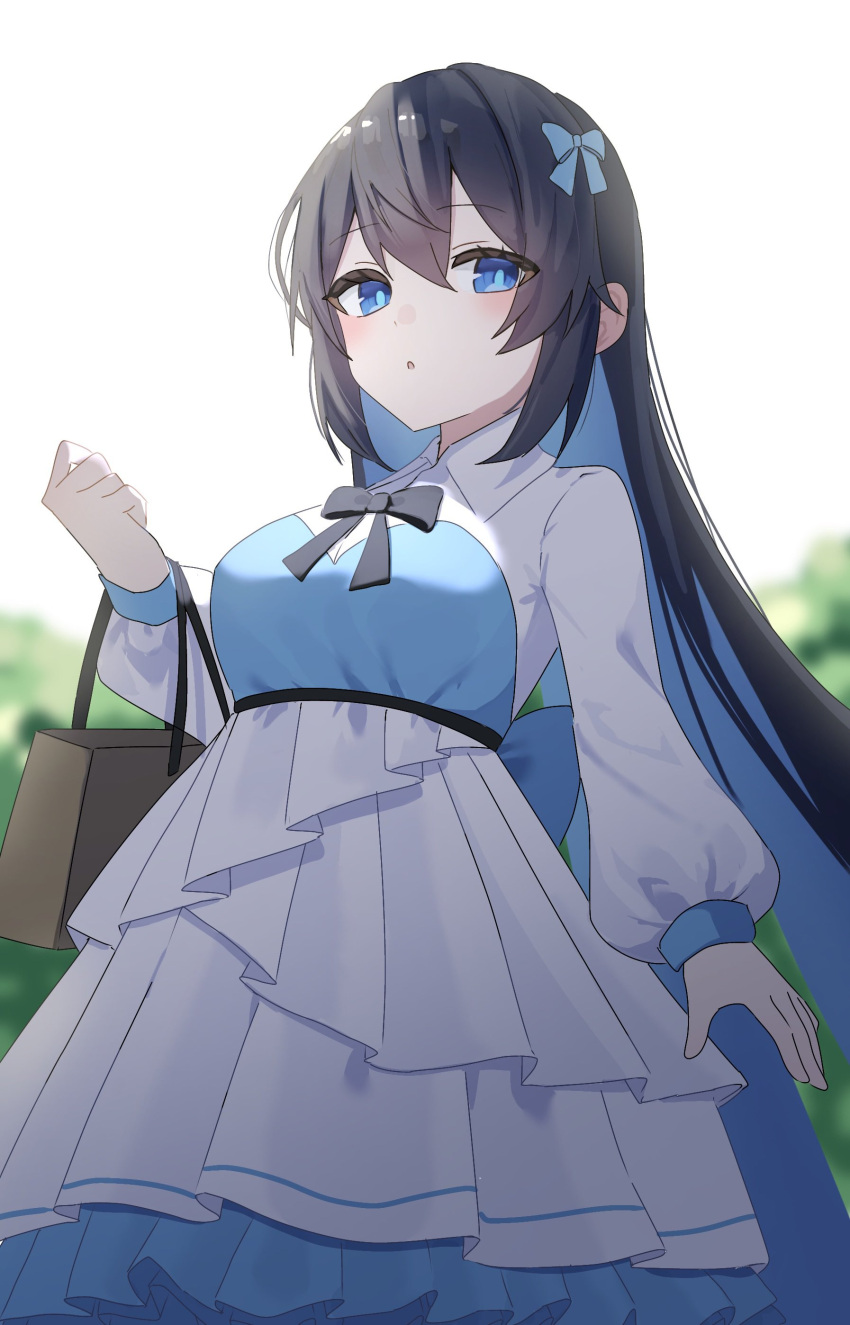 Safebooru - 1girl :o absurdres bag black bow black hair blue eyes blue hair bow collared dress ...