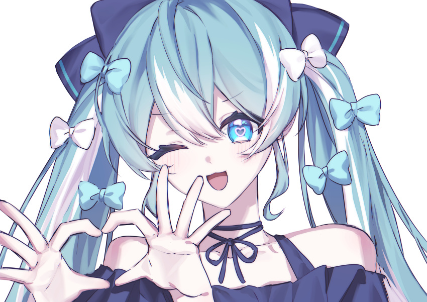 Safebooru - 1girl 4-finger heart hands absurdres bare shoulders black dress black ribbon blue ...