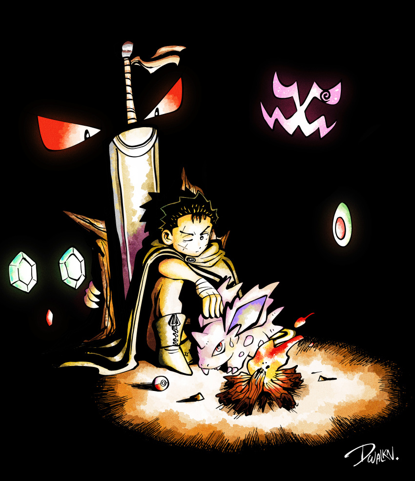 Safebooru - 1boy absurdres arm on knee arm up bandaged hand bandages berserk black eyes black ...