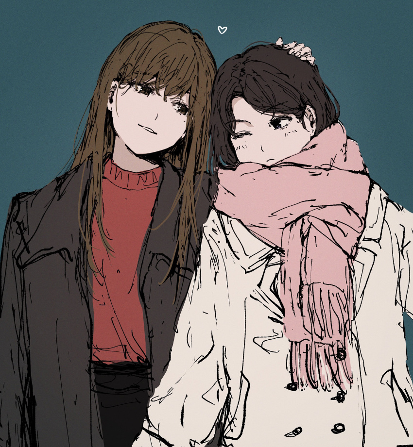 Safebooru - 2girls absurdres black coat black eyes blush brown hair closed mouth coat headpat ...