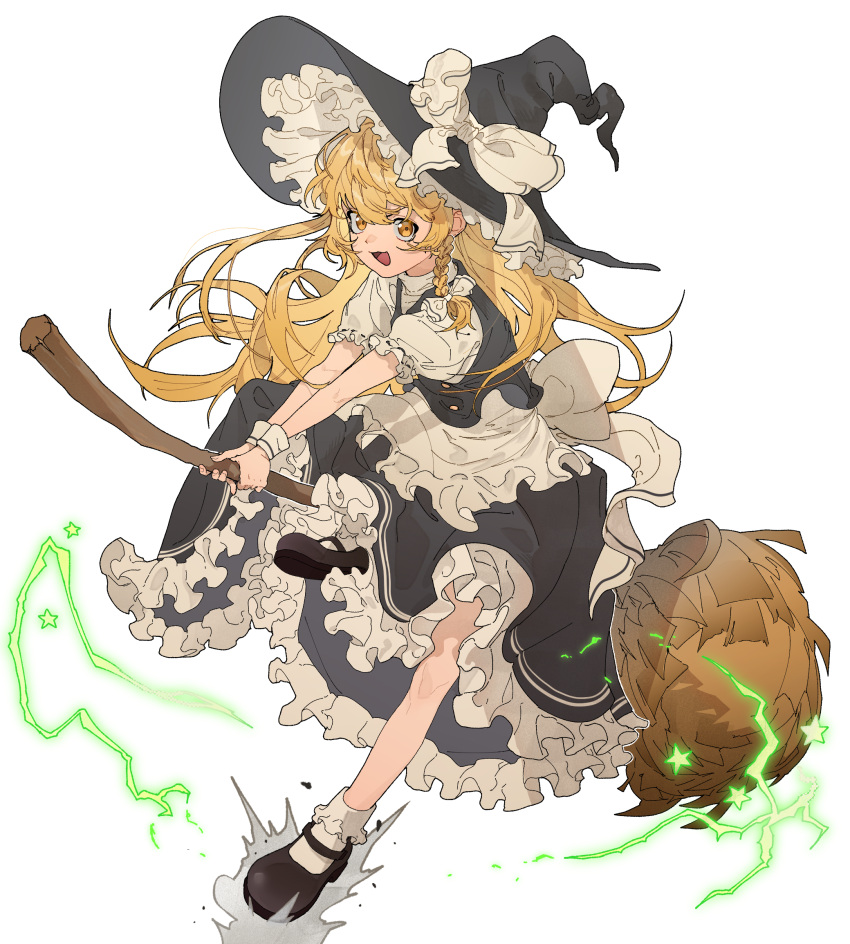 Safebooru - 1girl :3 apron black footwear black hat black skirt black vest blonde hair bow braid ...