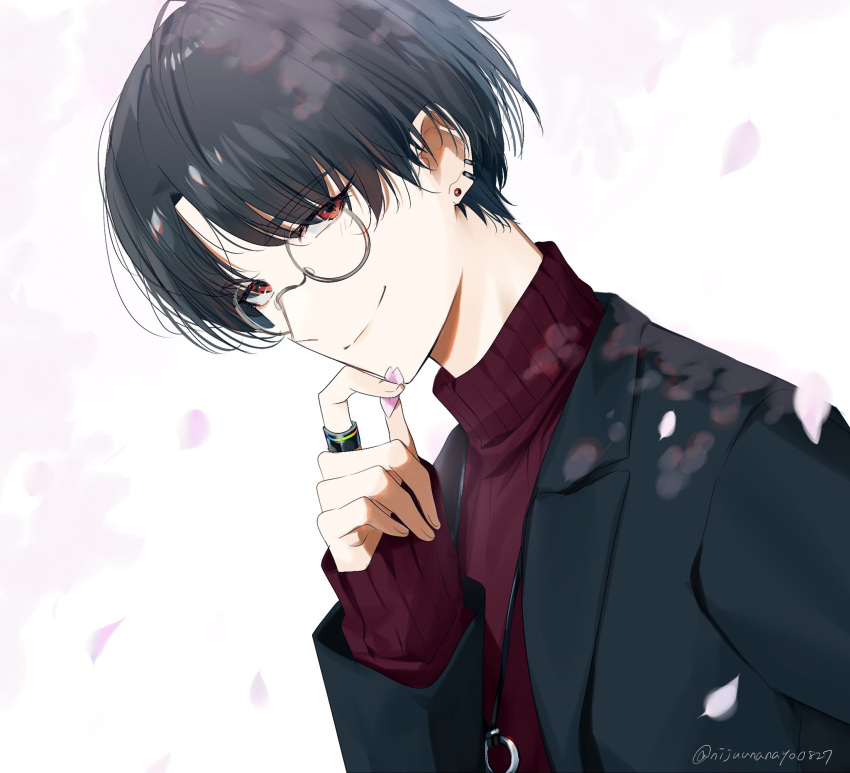 Safebooru - 1boy black hair black jacket brown-framed eyewear closed mouth ear piercing earrings ...