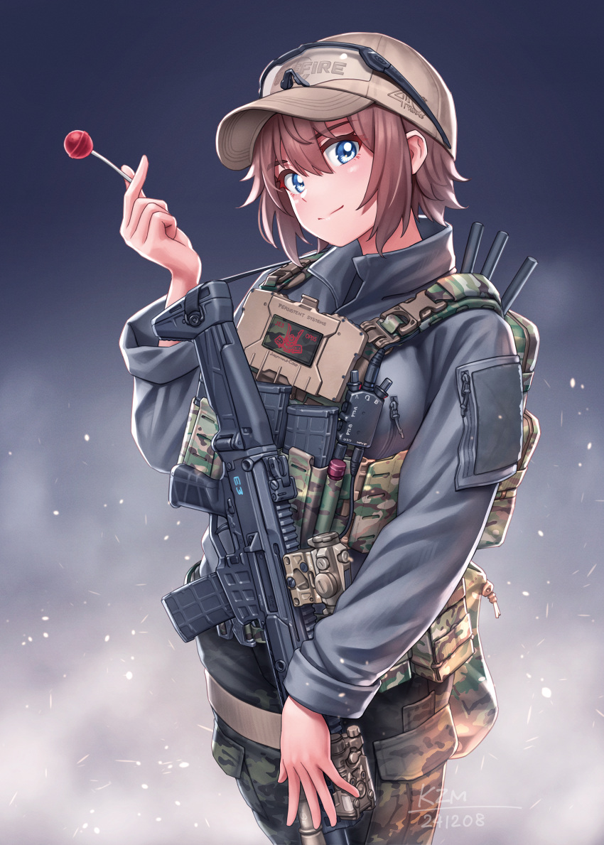 Safebooru - 1girl absurdres ammunition pouch assault rifle baseball cap black jacket brown hair ...