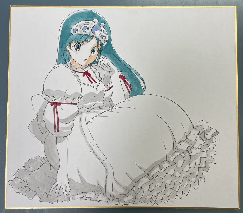 Safebooru - 1girl absurdres aqua hair circlet dress earrings elbow gloves frilled dress frills ...