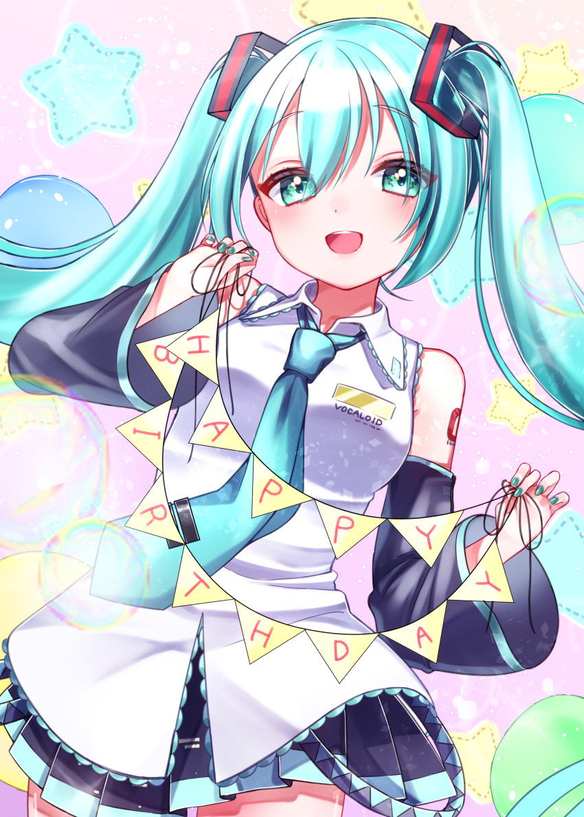 Safebooru - 1girl :d absurdres aqua eyes aqua hair aqua necktie arm tattoo balloon black skirt ...