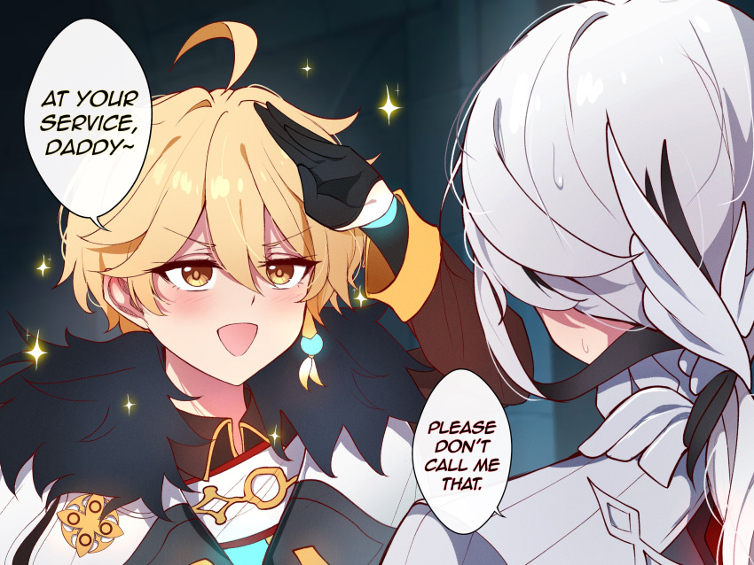 Safebooru - 1boy 1girl aether (genshin impact) ahoge arlecchino (genshin impact) blonde hair ...