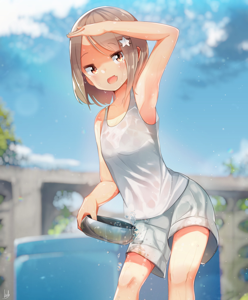 Safebooru - 1girl :d armpits bare arms bare shoulders blue sky blurry blurry background blush ...