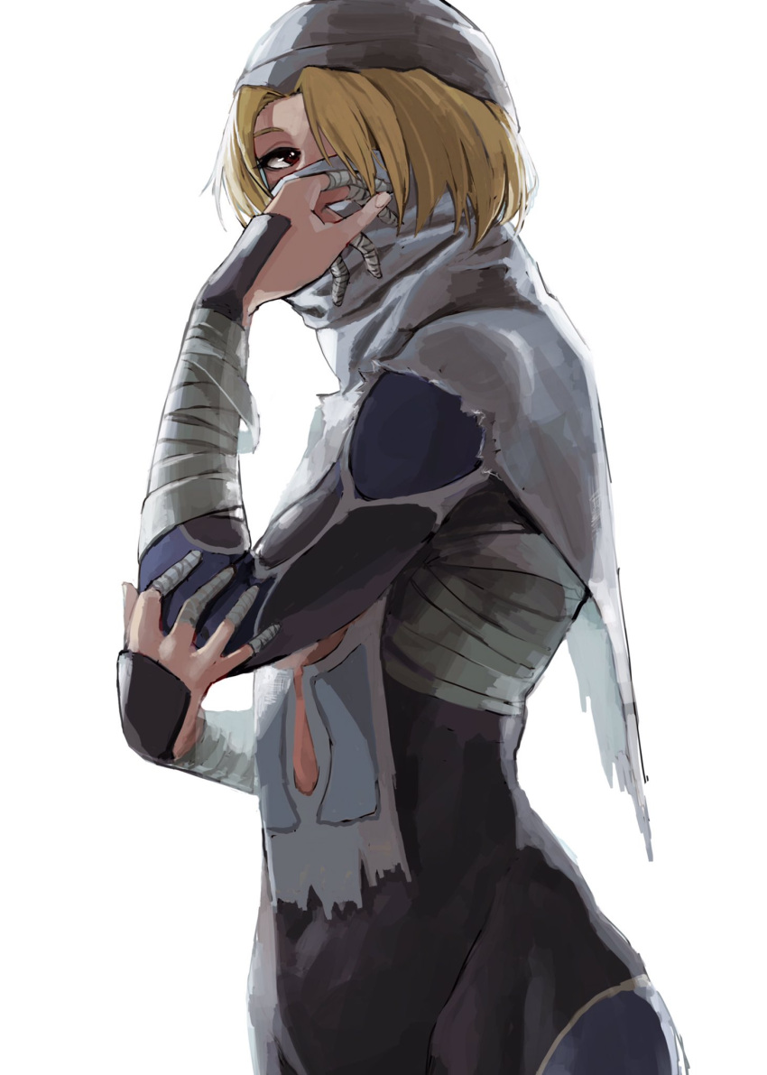 Safebooru - 1girl bandaged arm bandaged fingers bandages blonde hair bodysuit covered mouth ...