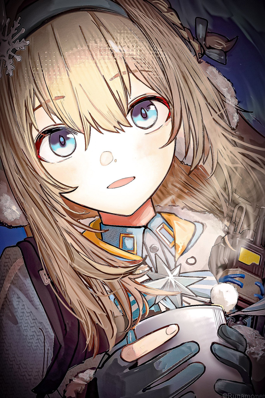 Safebooru - 1girl blonde hair blue eyes blue gloves blue jacket commentary cup dutch angle ...