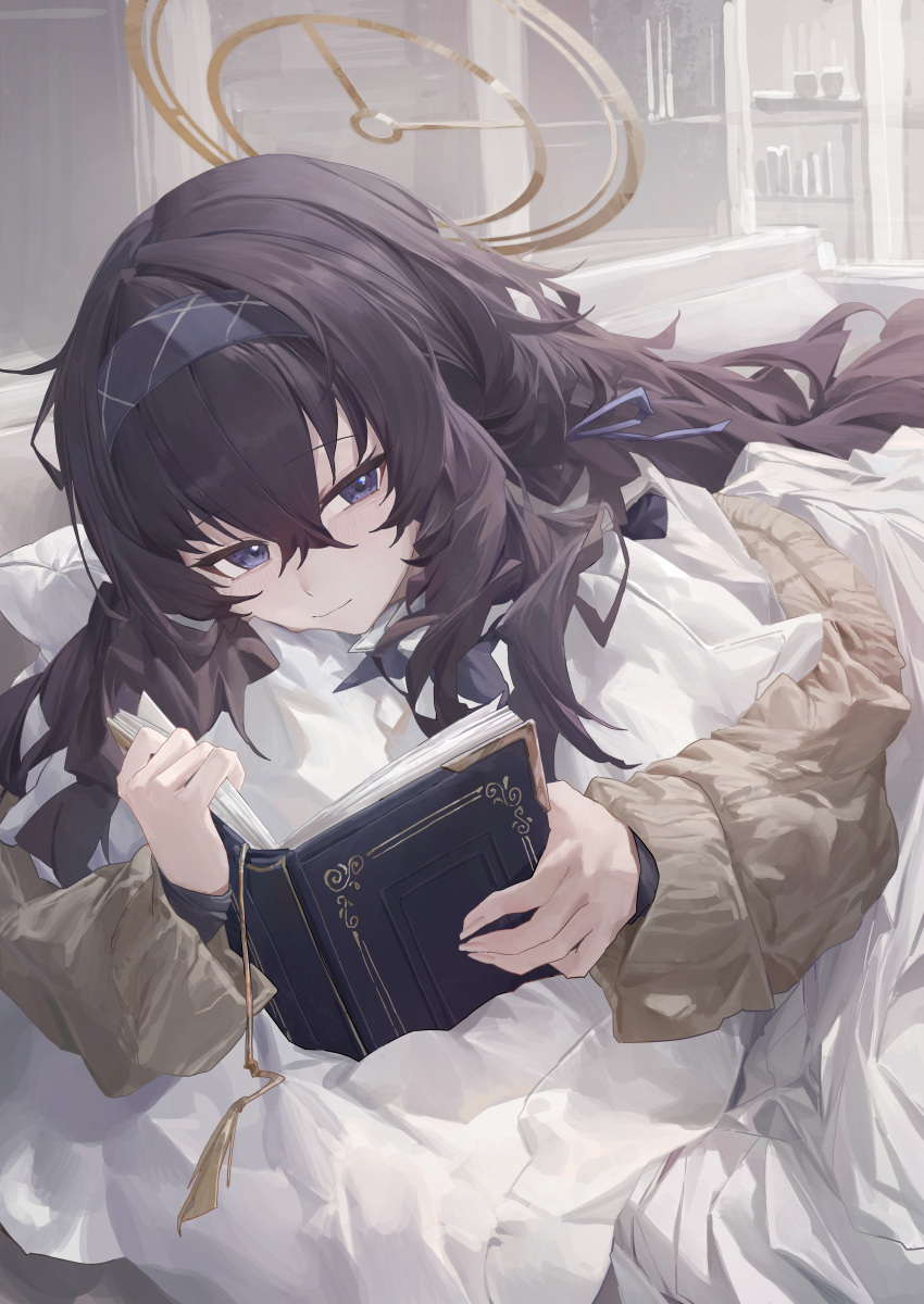 Safebooru - 1girl absurdres black hair blue archive book brown cardigan brown halo cardigan ...