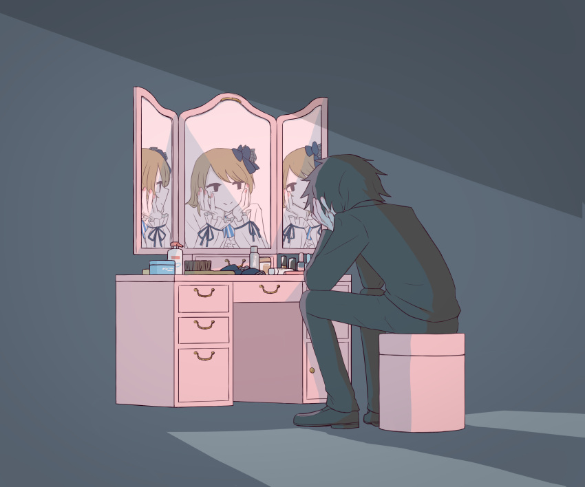 Safebooru - 1boy 1girl absurdres avogado6 black bow black eyes black ...